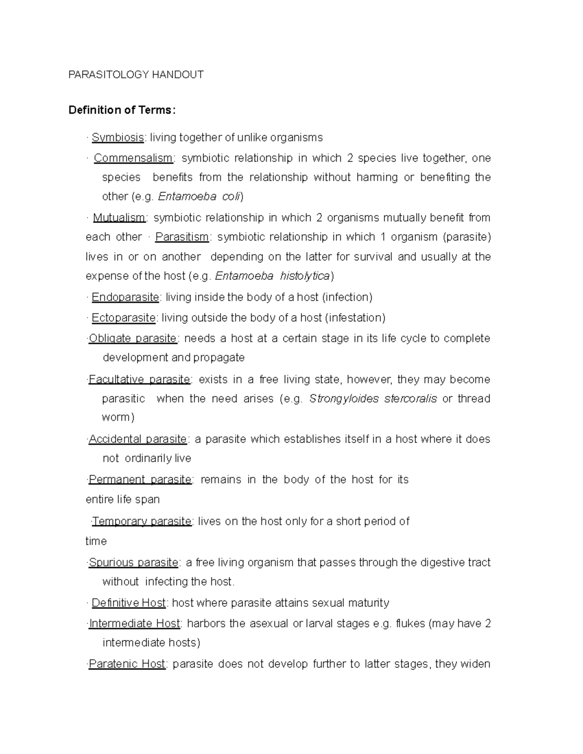 Parasitology Handout - guides - PARASITOLOGY HANDOUT Definition of ...