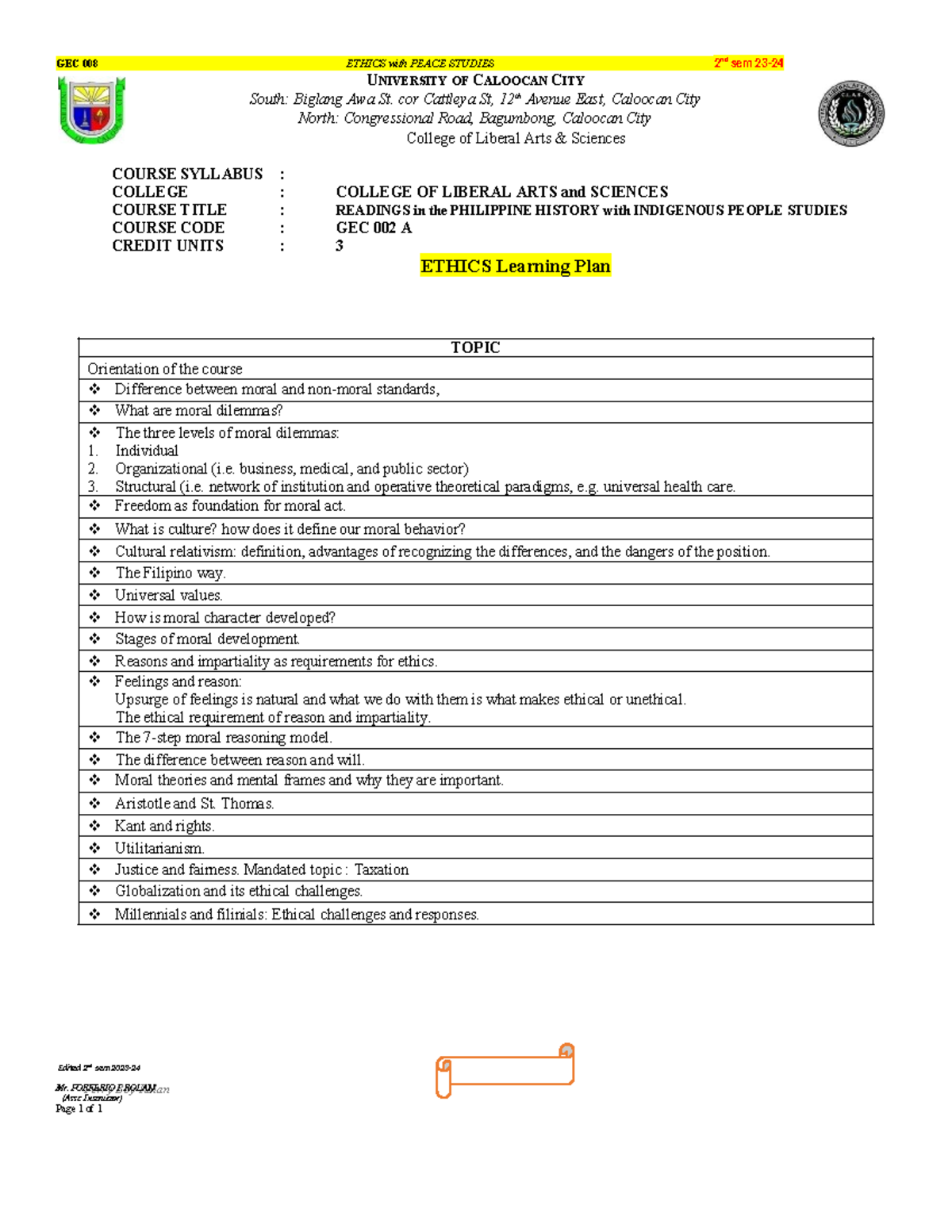 GEC 008 Learning Plan: Ethics and Peace Studies Overview - Studocu