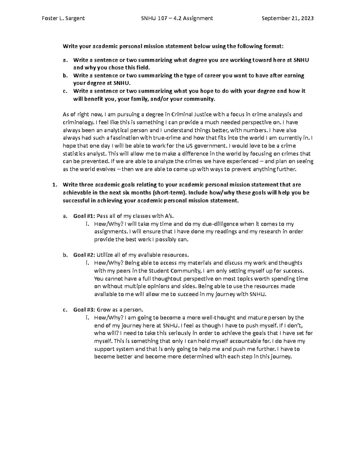SNHU 107 Module Four Journal Assignment - Foster L. Sargent SNHU 107 – 4 Assignment September 21 ...