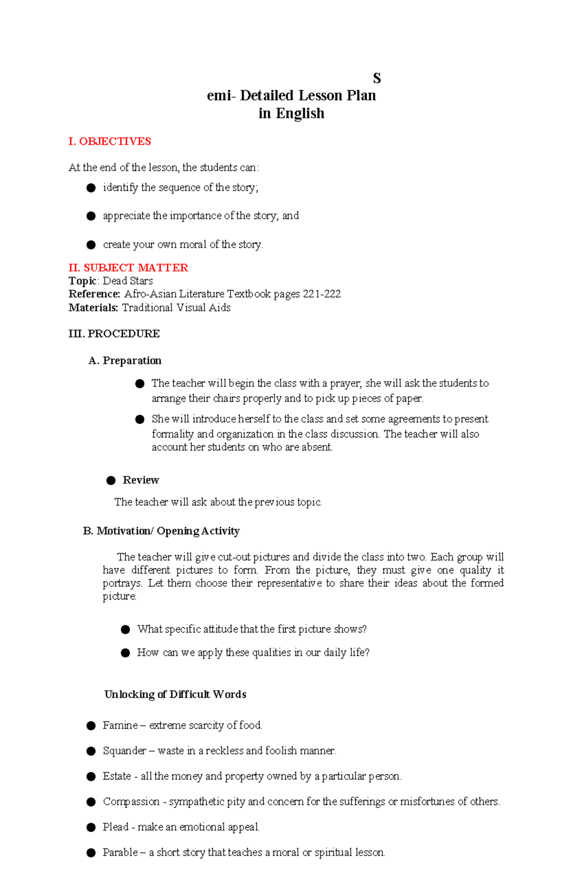 Semi-Detailed Lesson Plan in English I: Exploring "Dead Stars" - Studocu