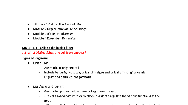Biology study notes - xModule 1 Cells as the Basis of Life Module 2 ...