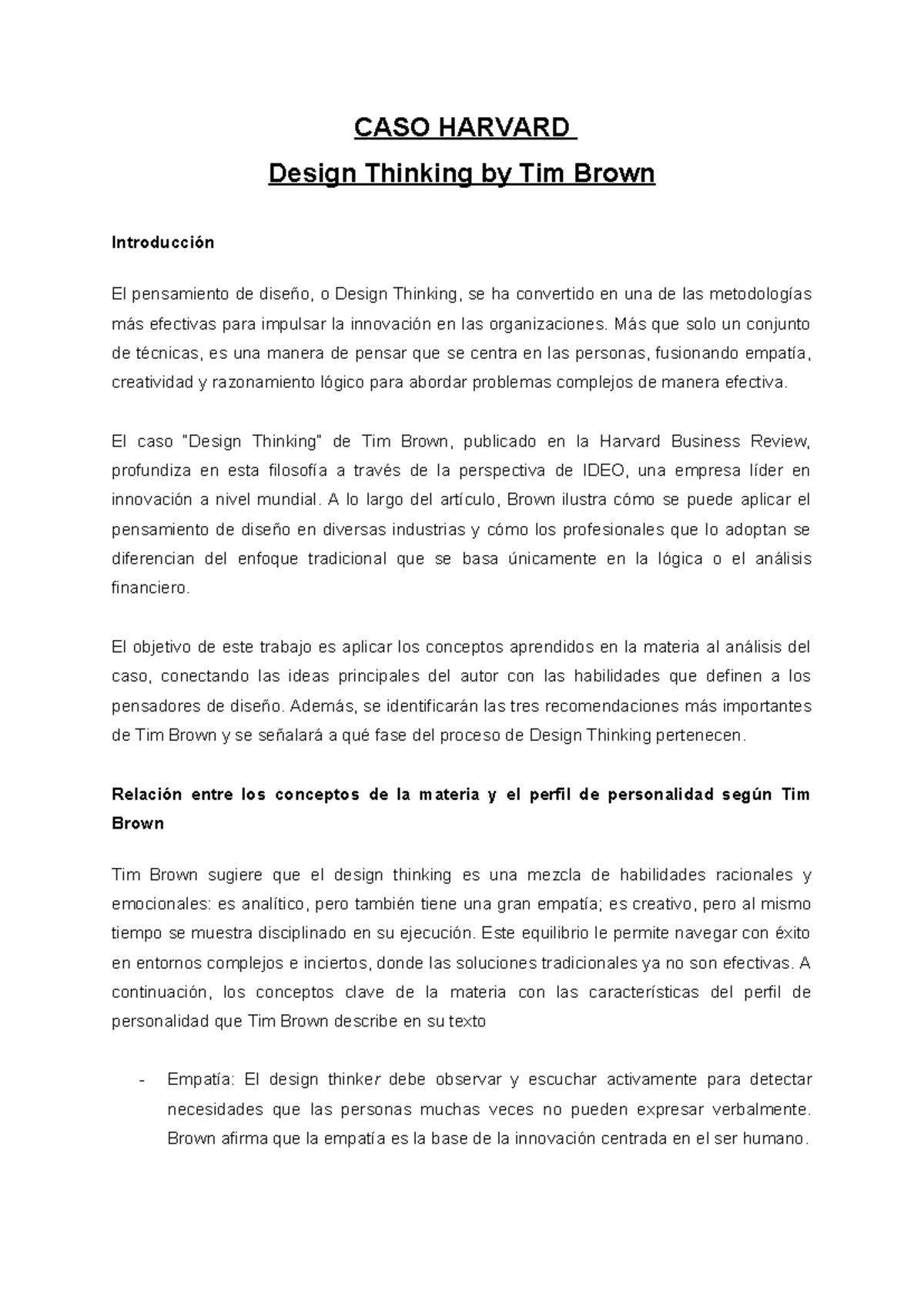CASO Harvard: Análisis del Design Thinking según Tim Brown - Studocu