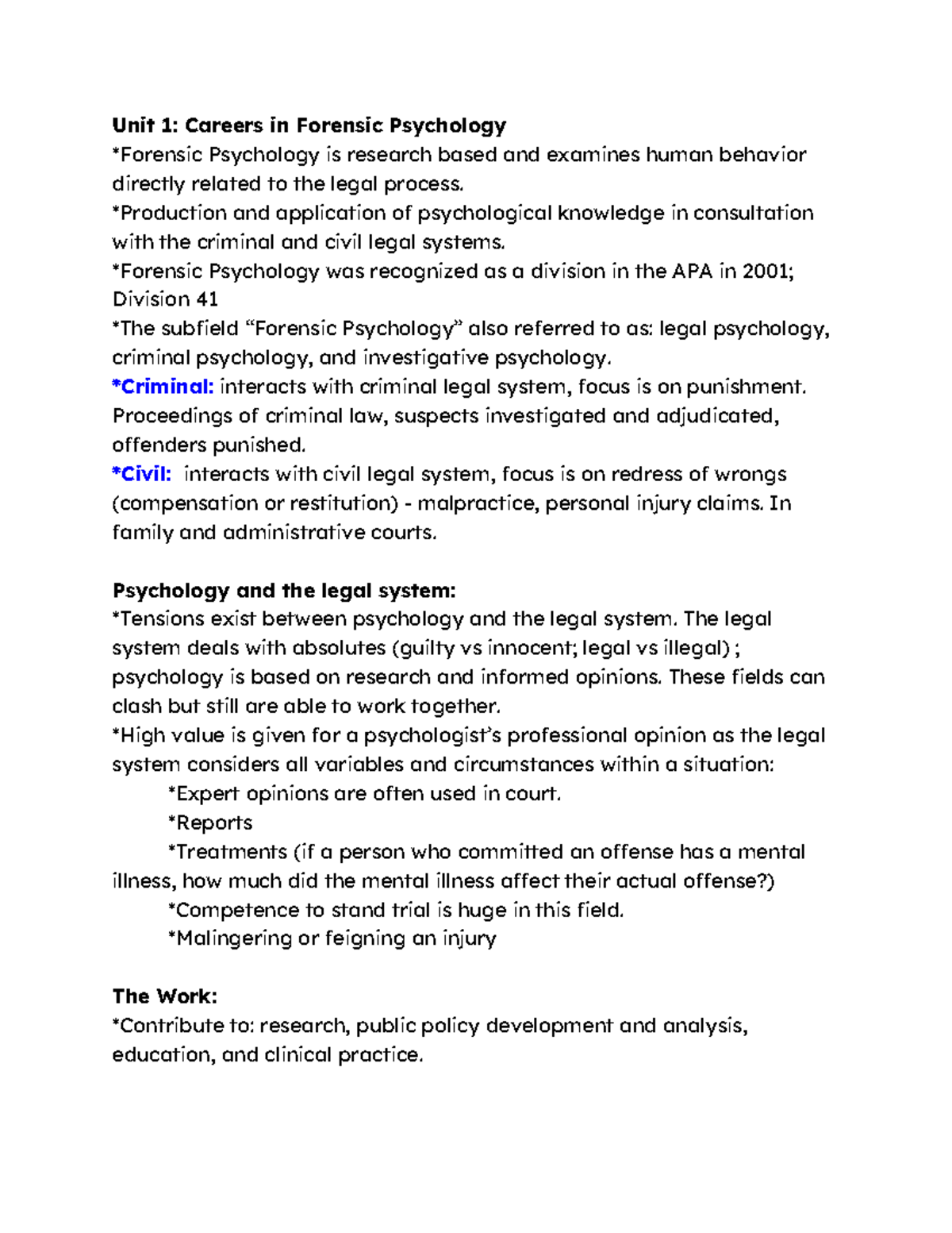 Forensic Psychology Unit 1: Careers and Key Concepts Study Guide - Studocu