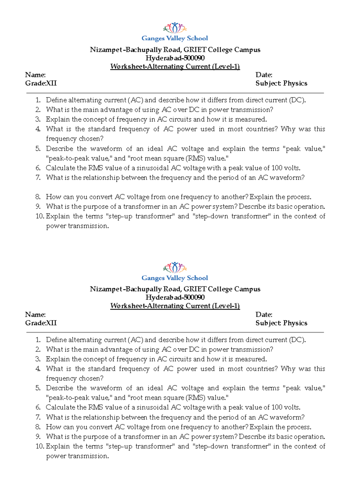 L-1 Alternating current - Nizampet -Bachupally Road, GRIET College ...
