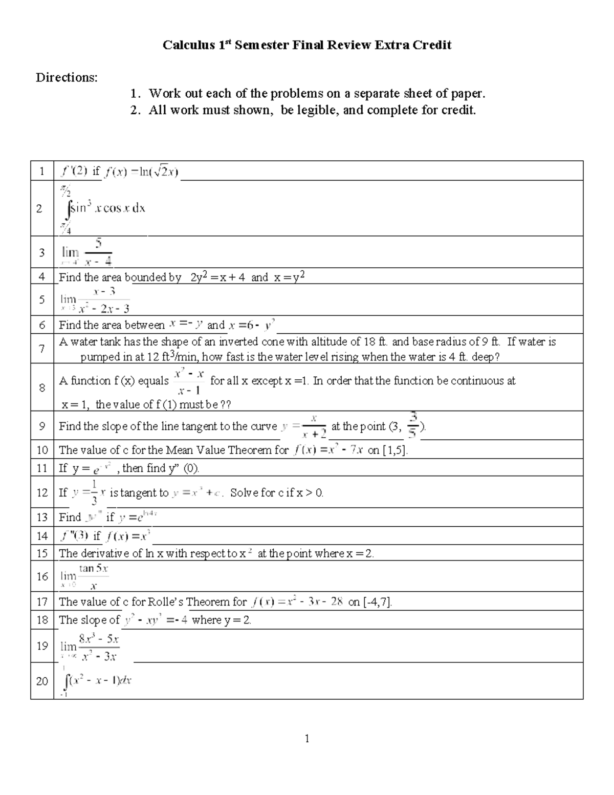 Calculus 1st Semester Final Exam Review Extra Credit 2017 - Studocu
