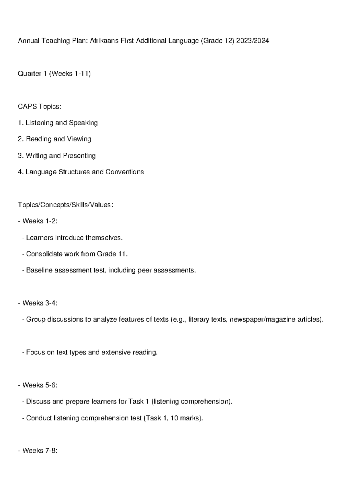 Afrikaans Grade 12: Annual Teaching Plan 2023 (First Add. Lang.) - Studocu