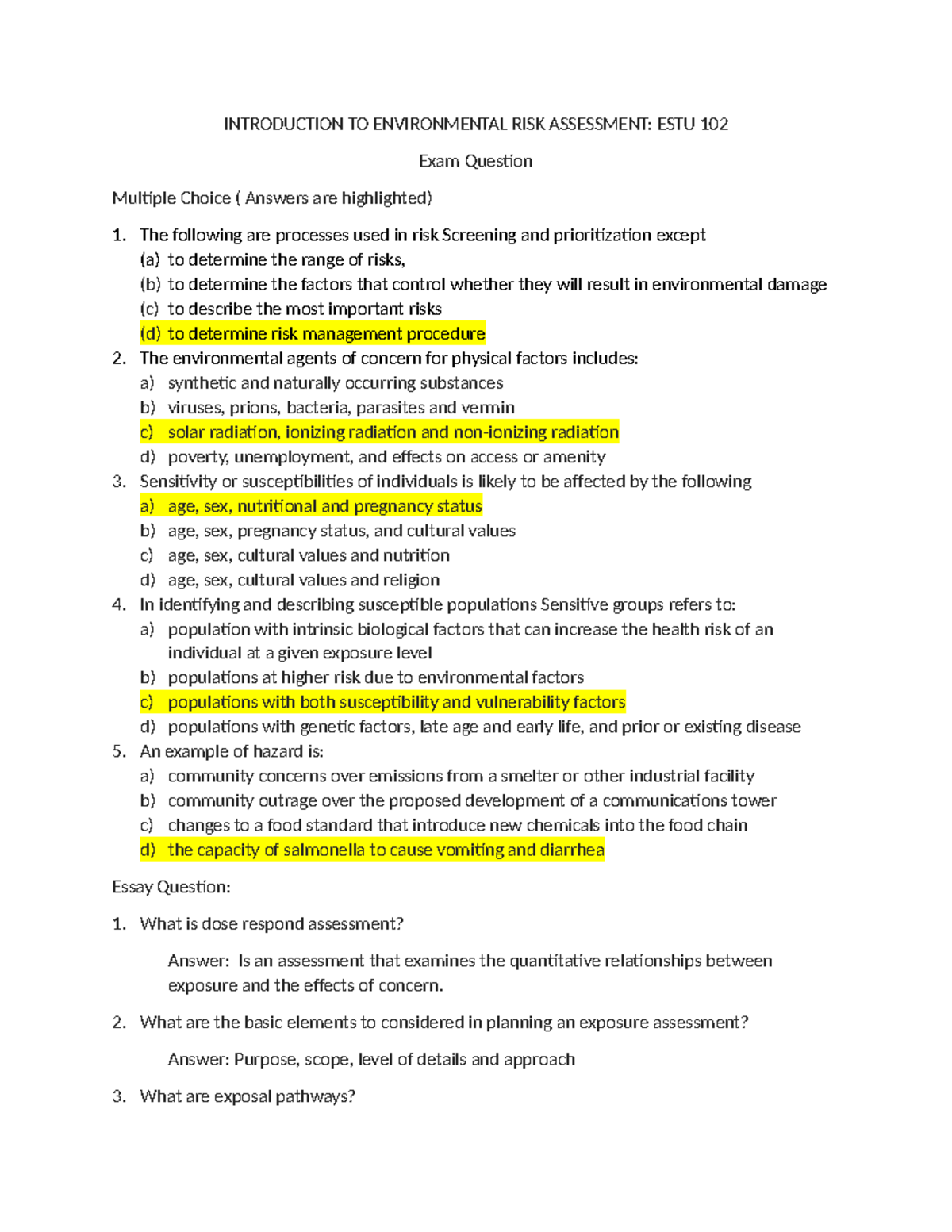 ESTU 102 Final Exam: Environmental Risk Assessment MCQs & Answers - Studocu