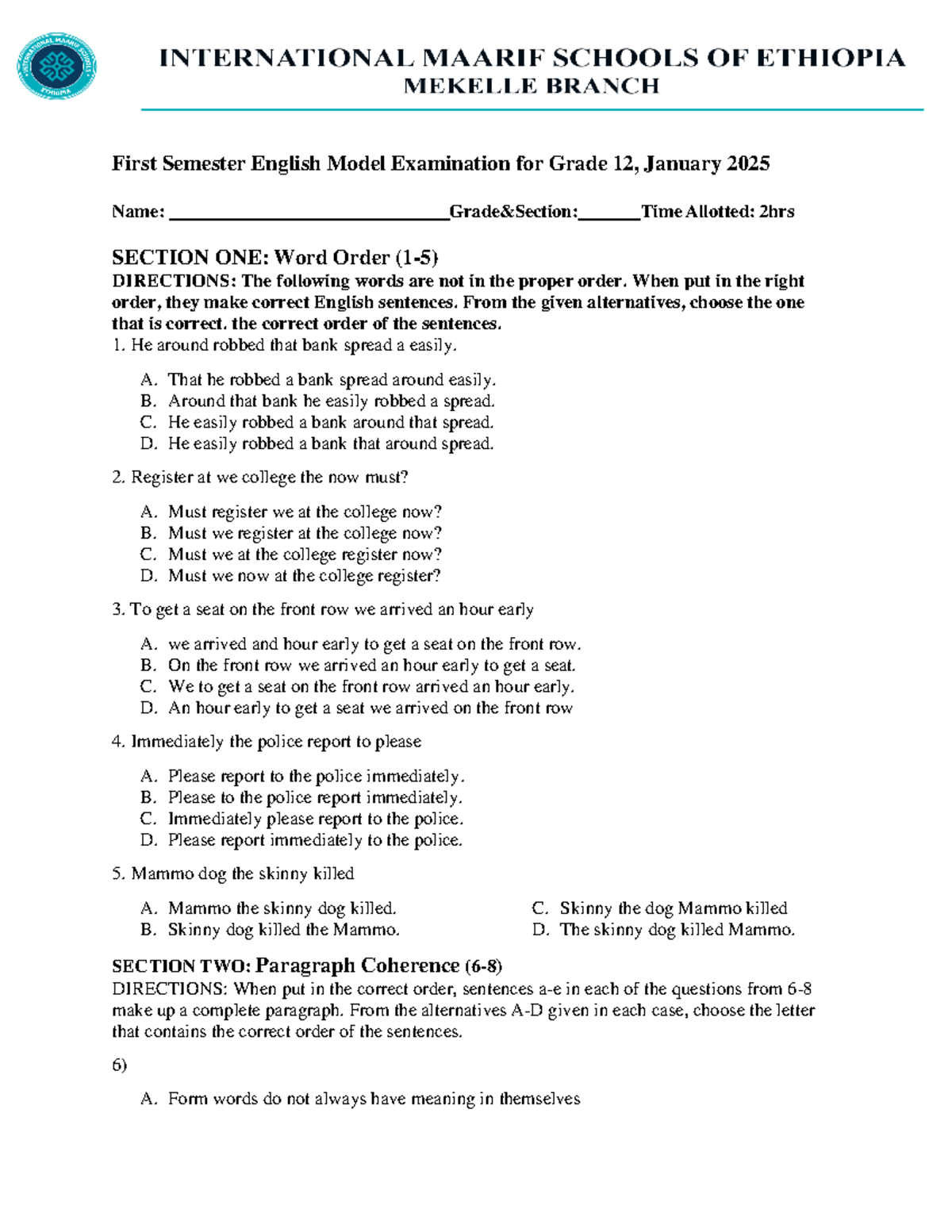 English Model Exam 12 HG (1)(edited) - First Semester English Model ...
