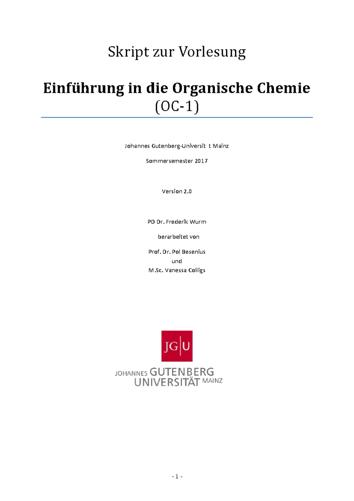 OC-1 Skript: Zusammenfassung der Einführung in die Organische Chemie ...