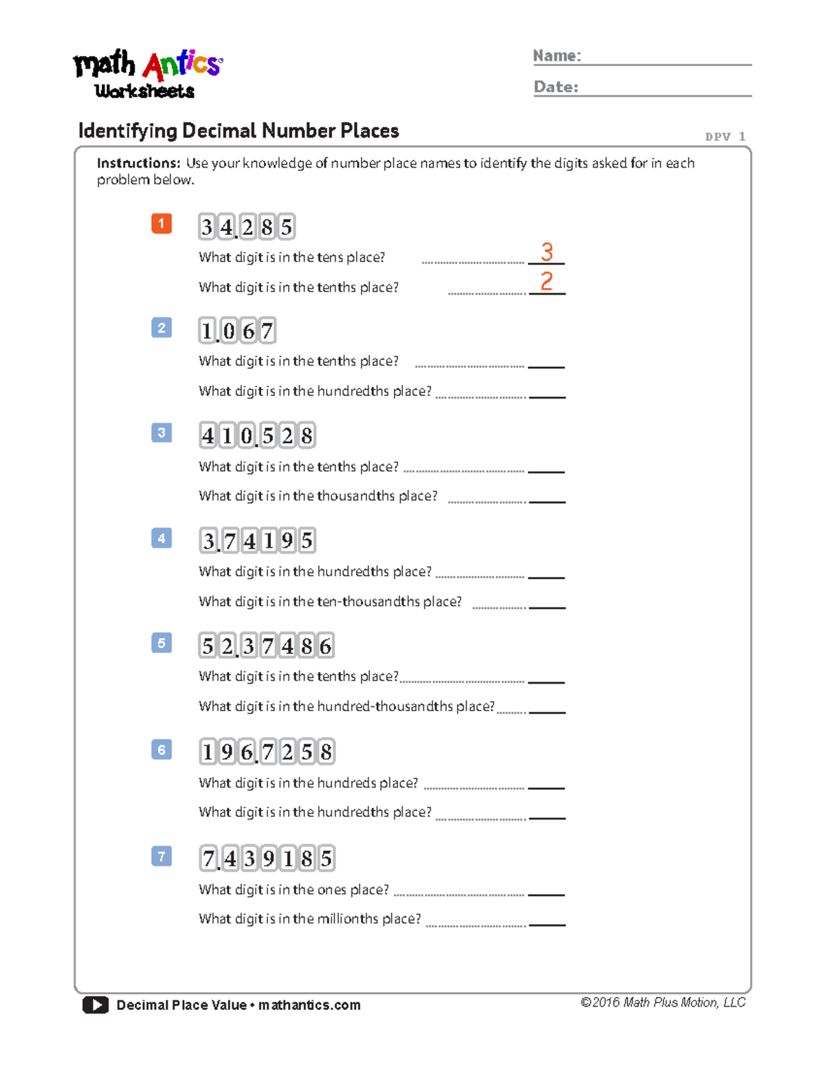 Worksheets Decimal Place Value - © 2016 Math Plus Motion, LLC ® Date ...