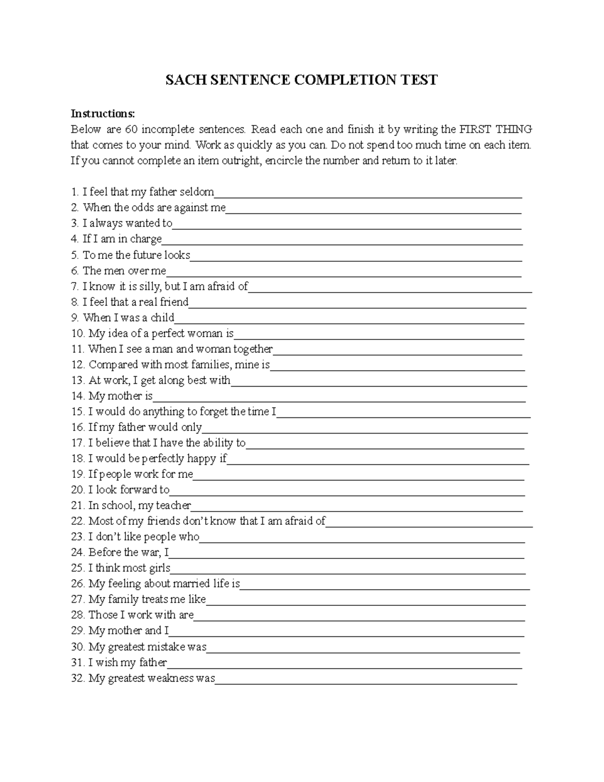 SACH Sentence Completion Test - Guidelines and Prompts - Studocu