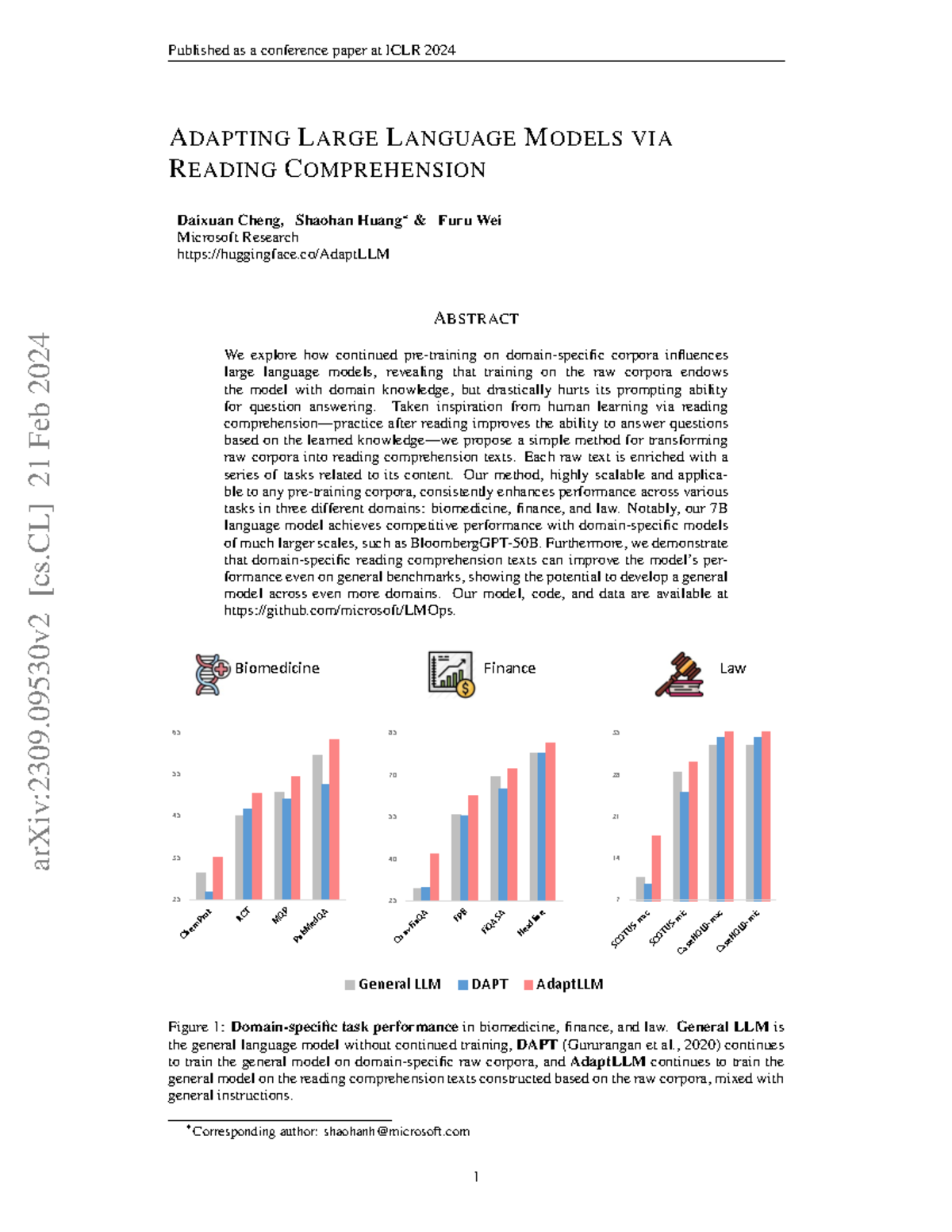Adapt - healthcare - ADAPTING LARGE LANGUAGE MODELS VIA READING ...