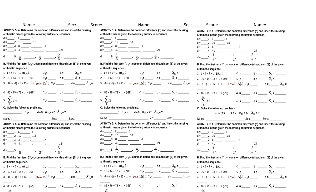 Activity 5: Arithmetic Sequences and Common Differences - Studocu