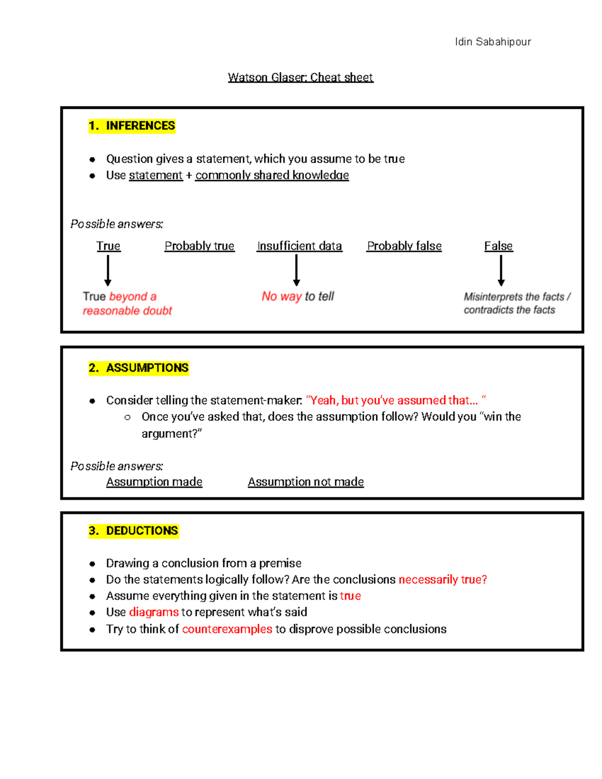 Watson Glaser - Final Exam Cheat Sheet Overview and Key Concepts - Studocu