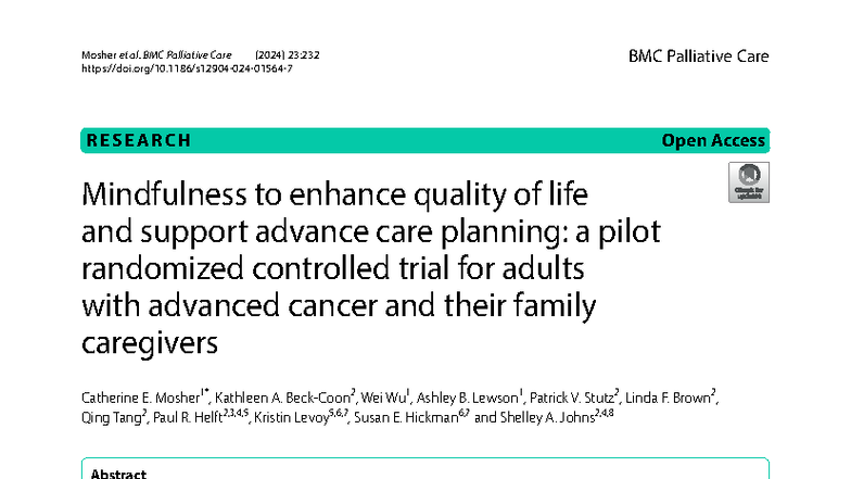 Mindfulness Intervention for Quality of Life in Advanced Cancer: A ...