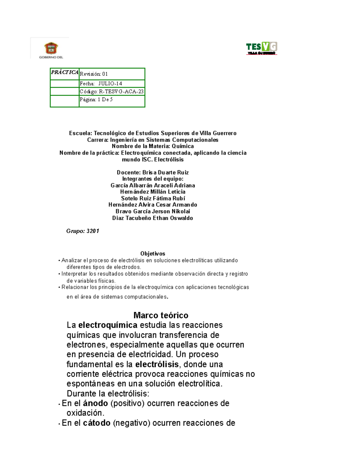 Práctica de Química: Electroquímica y Electrólisis - 3201 - Studocu