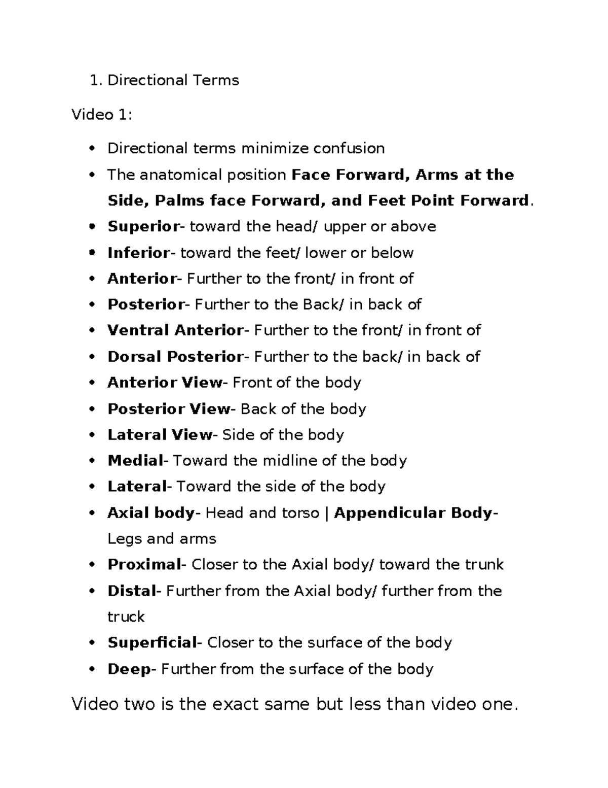 Anatomical Terminology Notes: Directional Terms & Body Planes - Studocu
