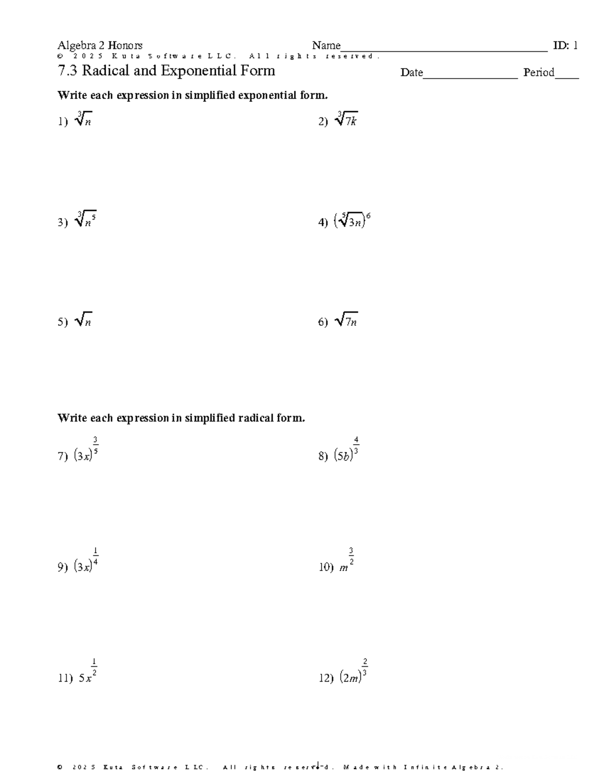 7.3 Radical and Exponential Form HW - ©H H 2 x 0 [ 2 M 5 L VKuftqaw ...
