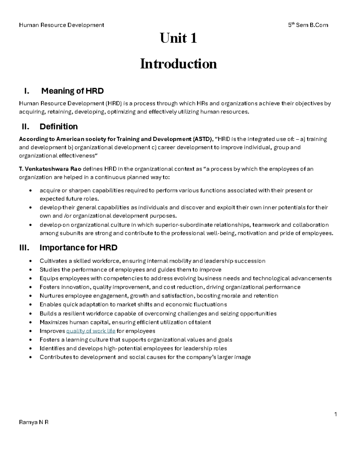 HRD Unit 1 Notes - 5th Sem B.Com Overview and Importance - Studocu