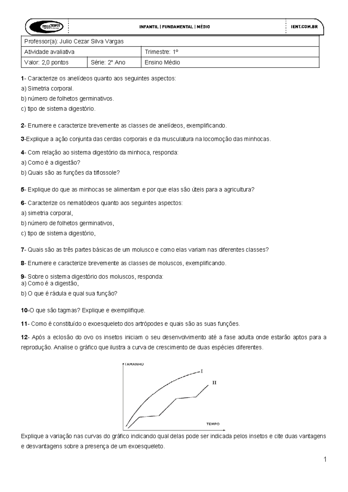 Atividade Avaliativa 2 - Anelídeos, Nematódeos e Moluscos - 1º ...