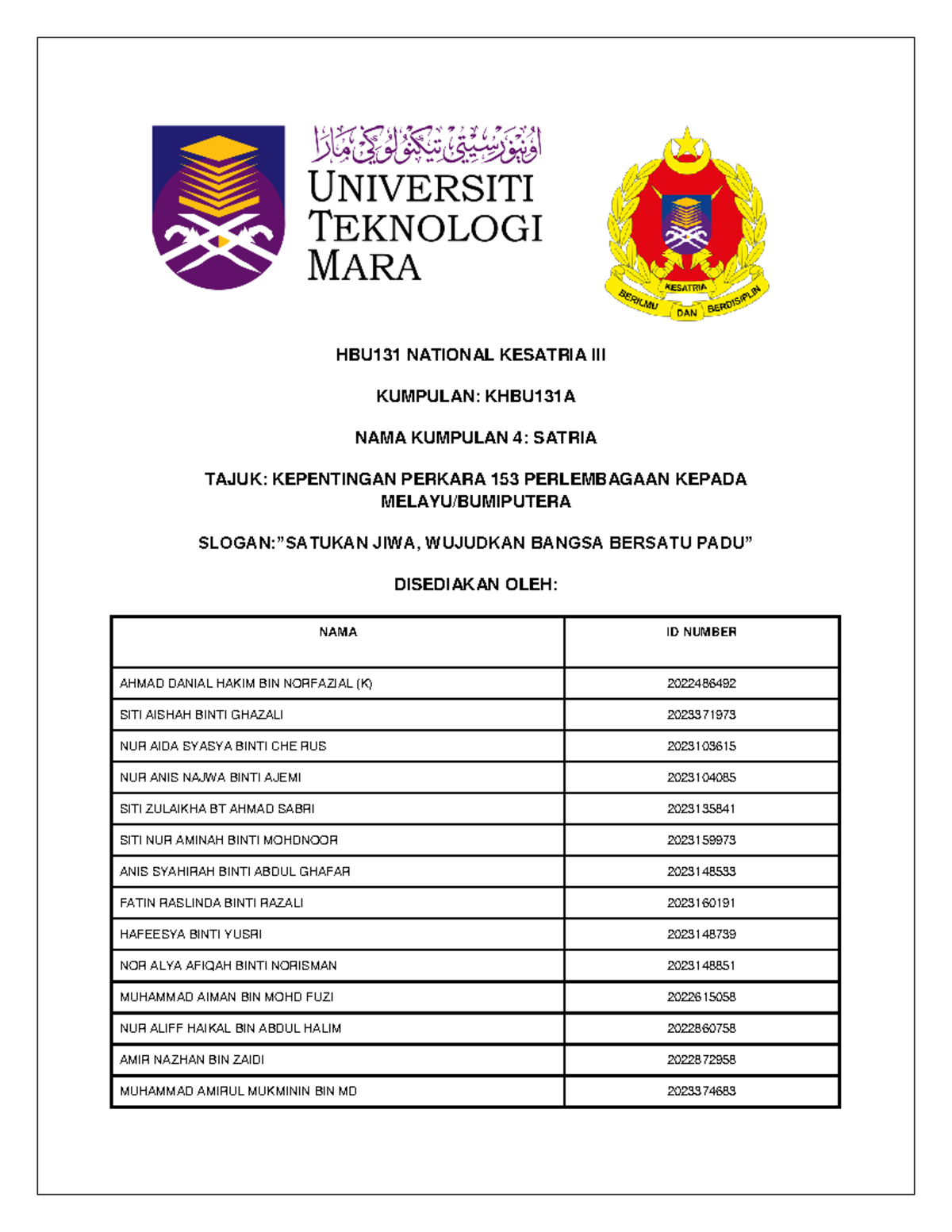 HBU131 - Kumpulan 4: Analisis Kepentingan Perkara 153 kepada Melayu/Bumiputera - Studocu