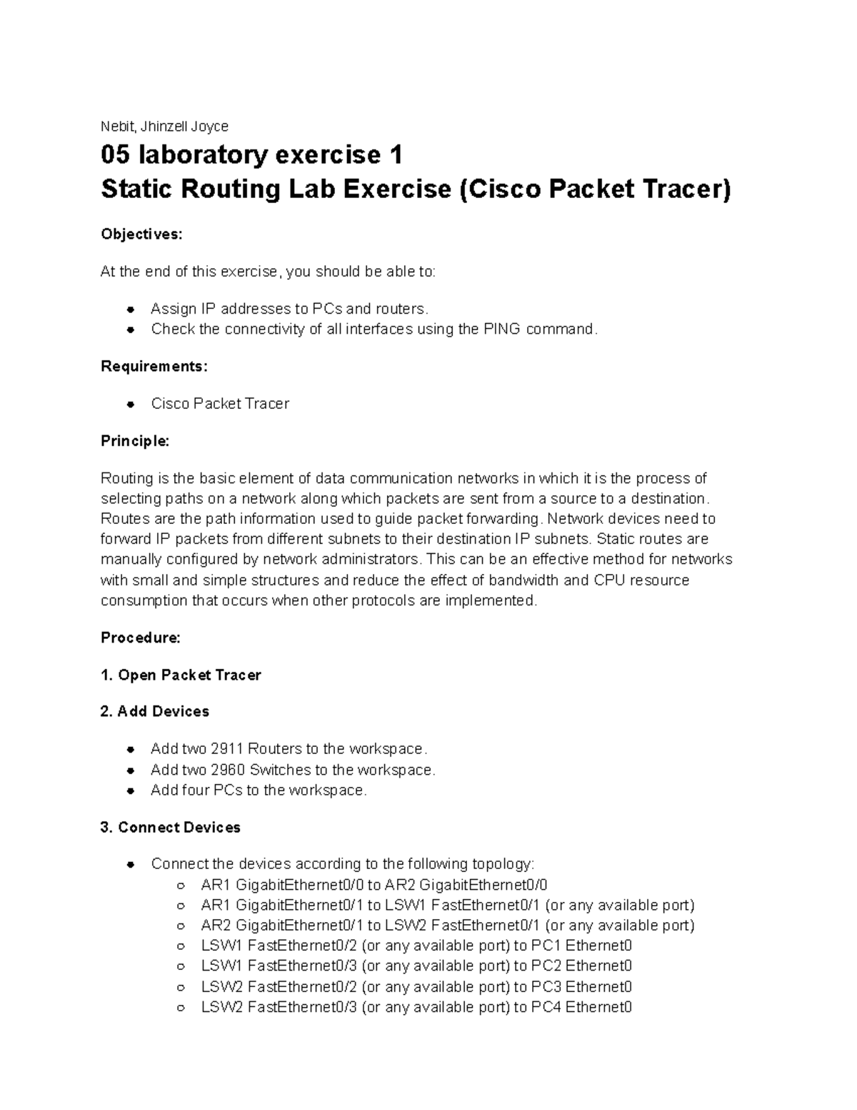 05 Lab Exercise 1: Static Routing with Cisco Packet Tracer - Studocu