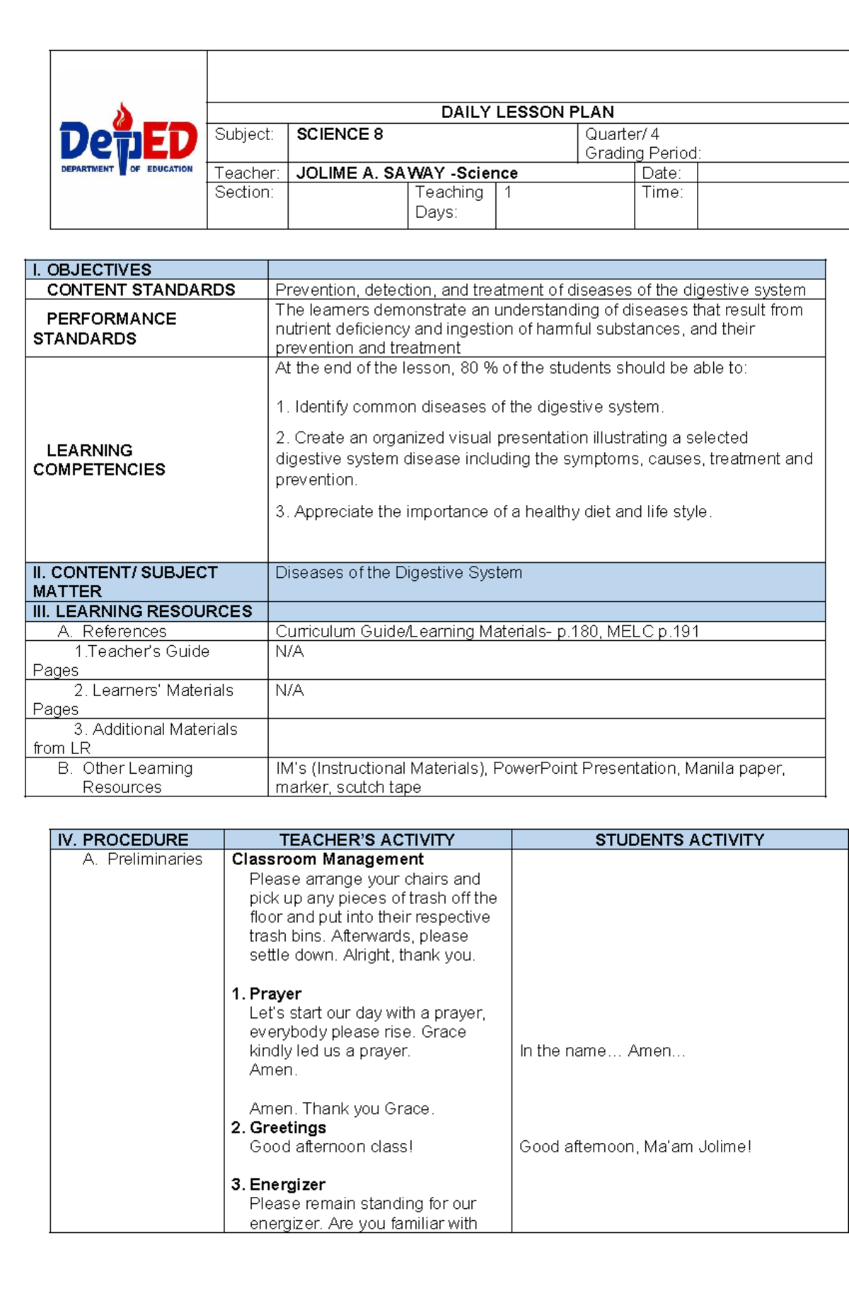 SCIENCE 8 DAILY LESSON PLAN: Digestive System Diseases - Studocu
