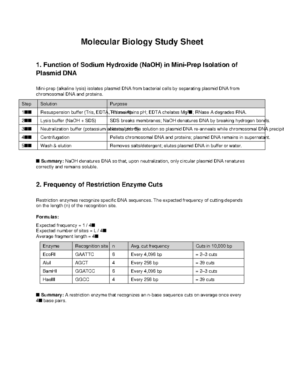 Molecular Biology Study Sheet 1: Mini-Prep & Restriction Enzymes - Studocu