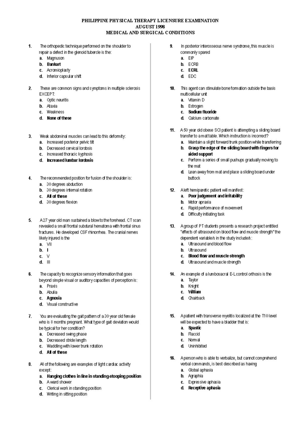 PHILIPPINE PHYSICAL THERAPY LICENSURE EXAMINATION AUGUST 1998 STUDY ...