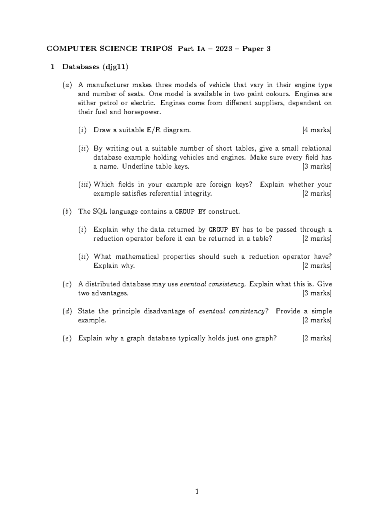 DBMS Past Paper 2023 - Computer Science Tripos Part IA 1 - Studocu