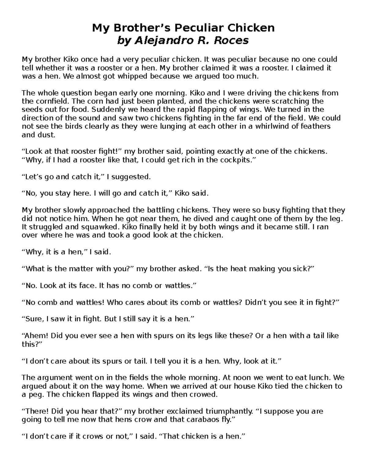 My Brother's Peculiar Chicken: A Story of Rooster vs. Hen Debate - Studocu