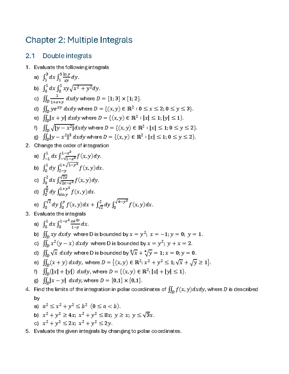 MI1124E Chapter 2: Multiple Integrals Exercises and Solutions - Studocu