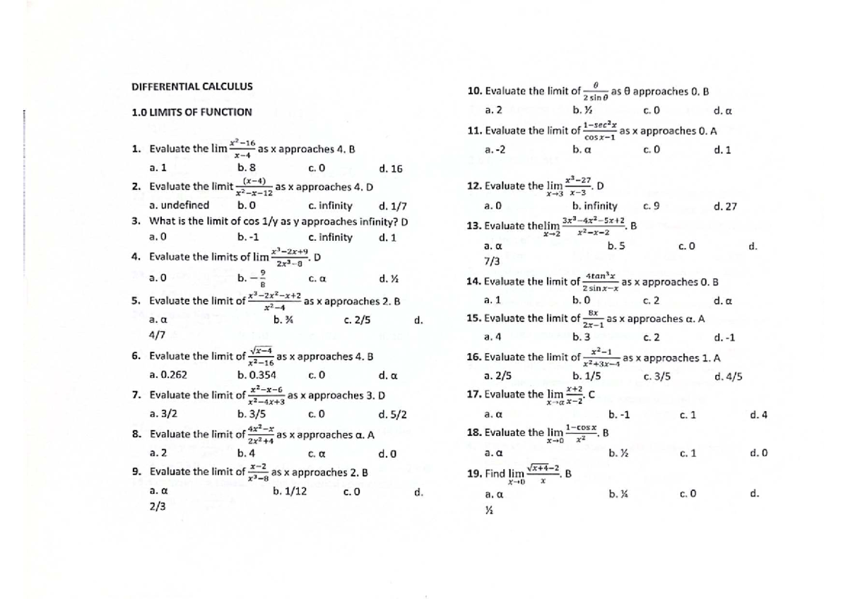 DIFFERENTIAL CALCULUS 1.0 LIMITS AND DERIVATIVES STUDY GUIDE - Studocu