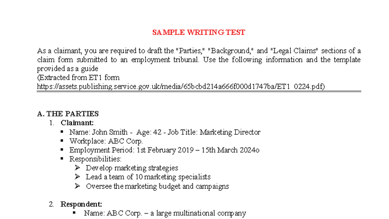 Employment Tribunal Claim Form Draft - Sample Writing Test - Studocu