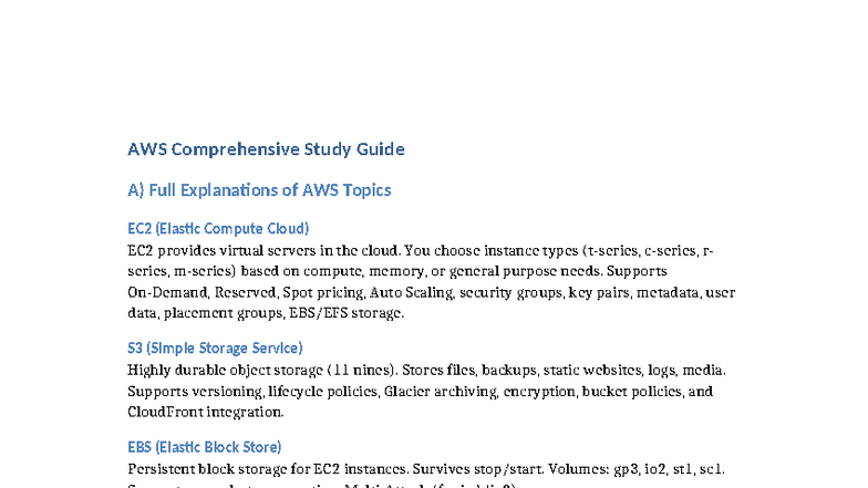 AWS Advanced Study Guide: Comprehensive Overview of AWS Services - Studocu