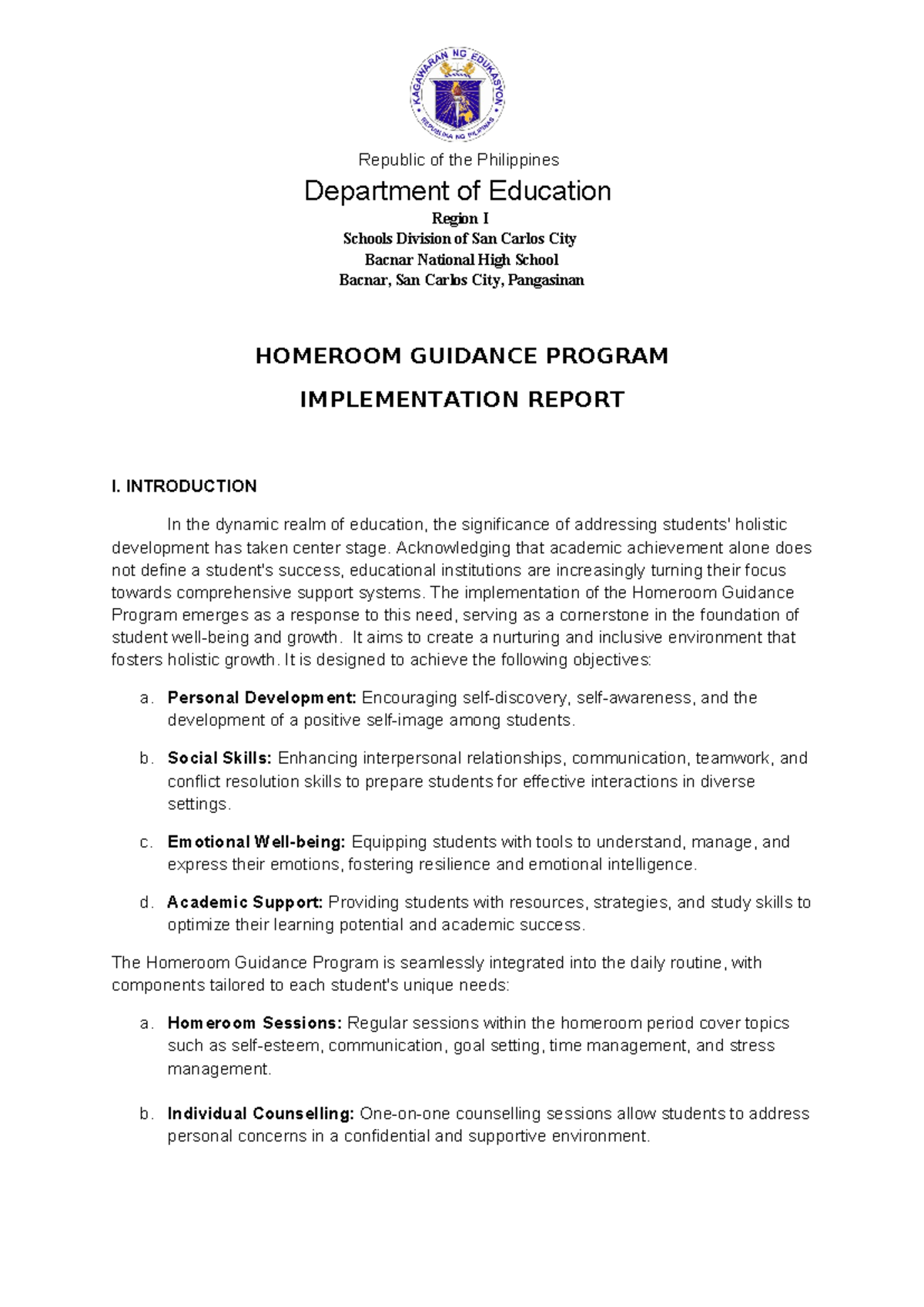 HGP Implementation Report for Student Holistic Development - Studocu