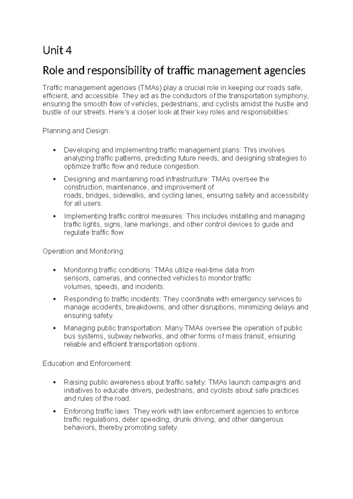 Unit 4: Traffic Management Agencies and Their Key Functions - Studocu