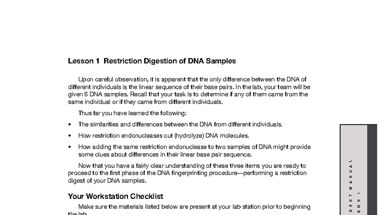 DNA Analysis Lab: Lesson 1 - Restriction Digestion of Samples - Studocu