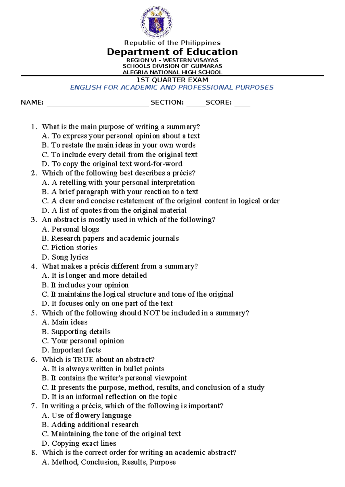 EAPP 1st Quarter Exam: English for Academic and Professional Purposes ...