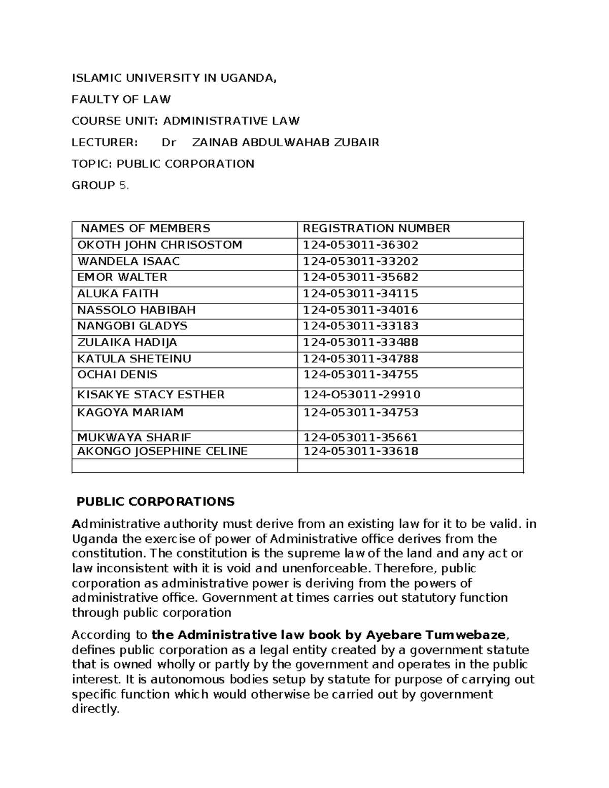 Administrative Law Coursework: Public Corporations - Group 5 - Studocu