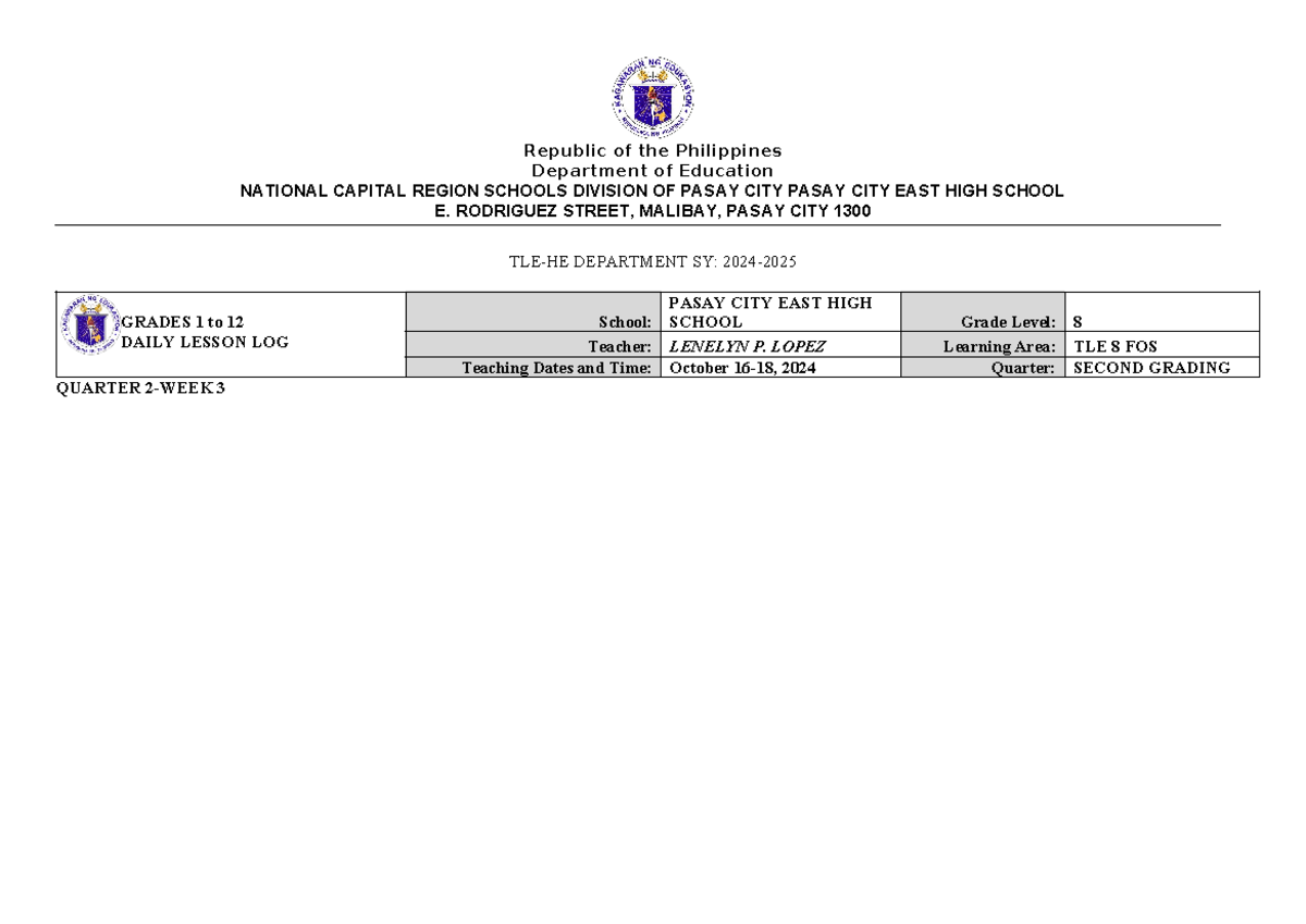 DLL-WEEK 3 TLE 8 FOS - DAILY LESSON LOG FOR FRONT OFFICE SERVICES - Studocu