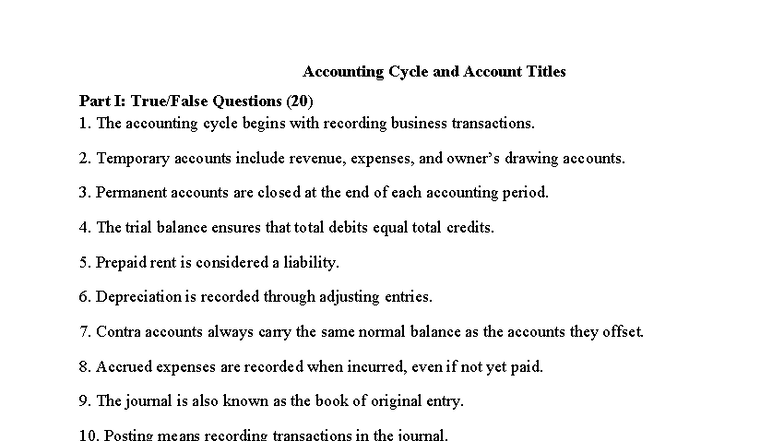 ACC 101: Accounting Cycle & Account Titles - Q&A Guide - Studocu
