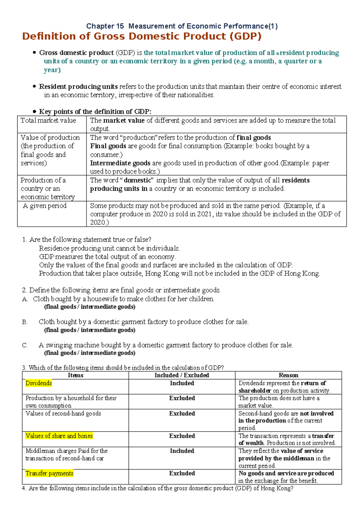 CH15 Teaching Notes: Measurement of Economic Performance and GDP - Studocu