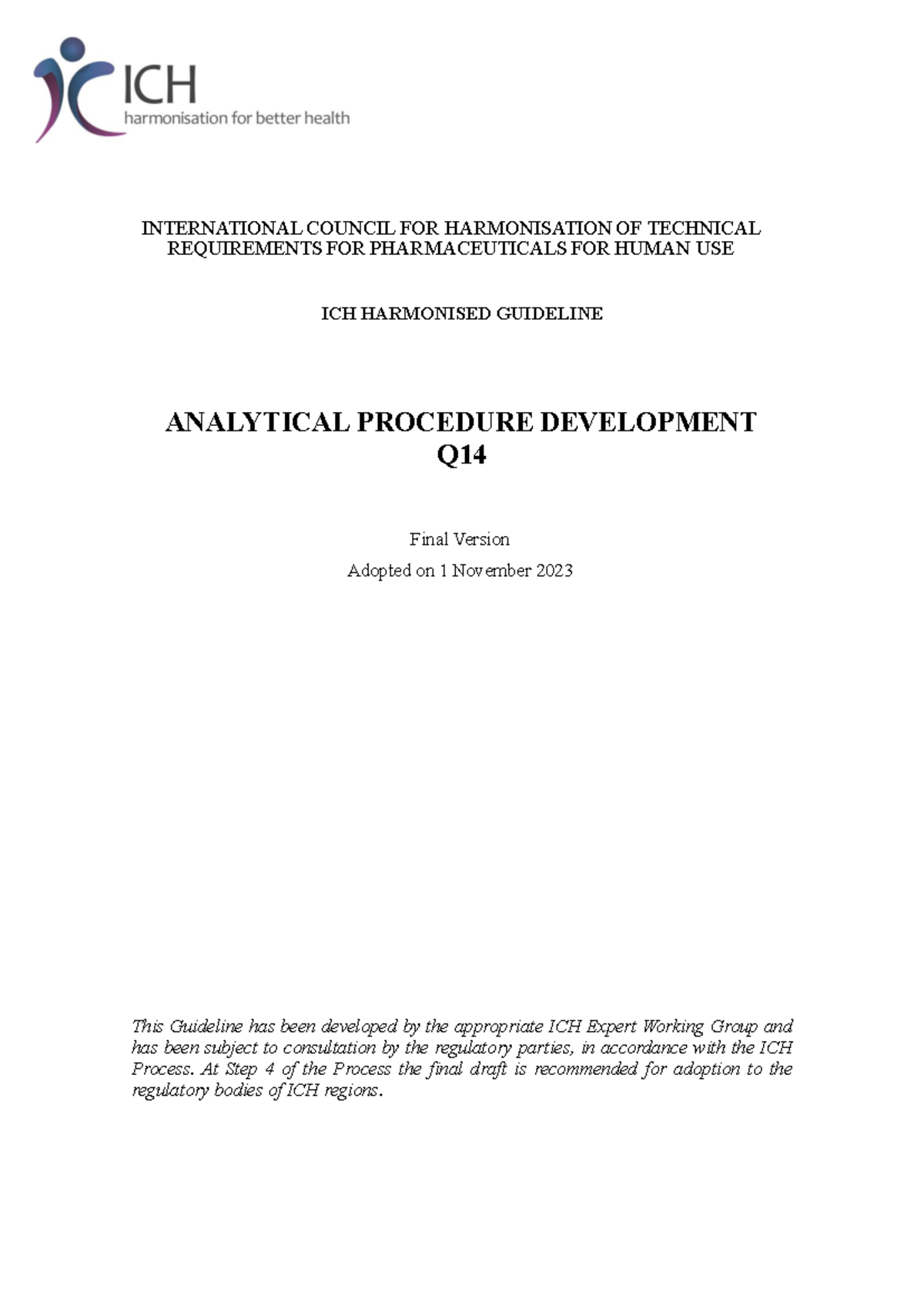 ICH Q14 Final Guideline on Analytical Procedure Development (Adopted ...
