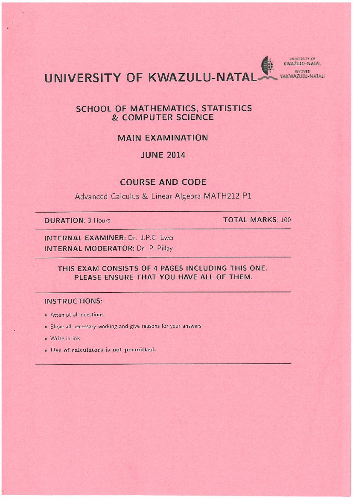 MATH212 Final Exam June 2014: Advanced Calculus & Linear Algebra QP1 ...