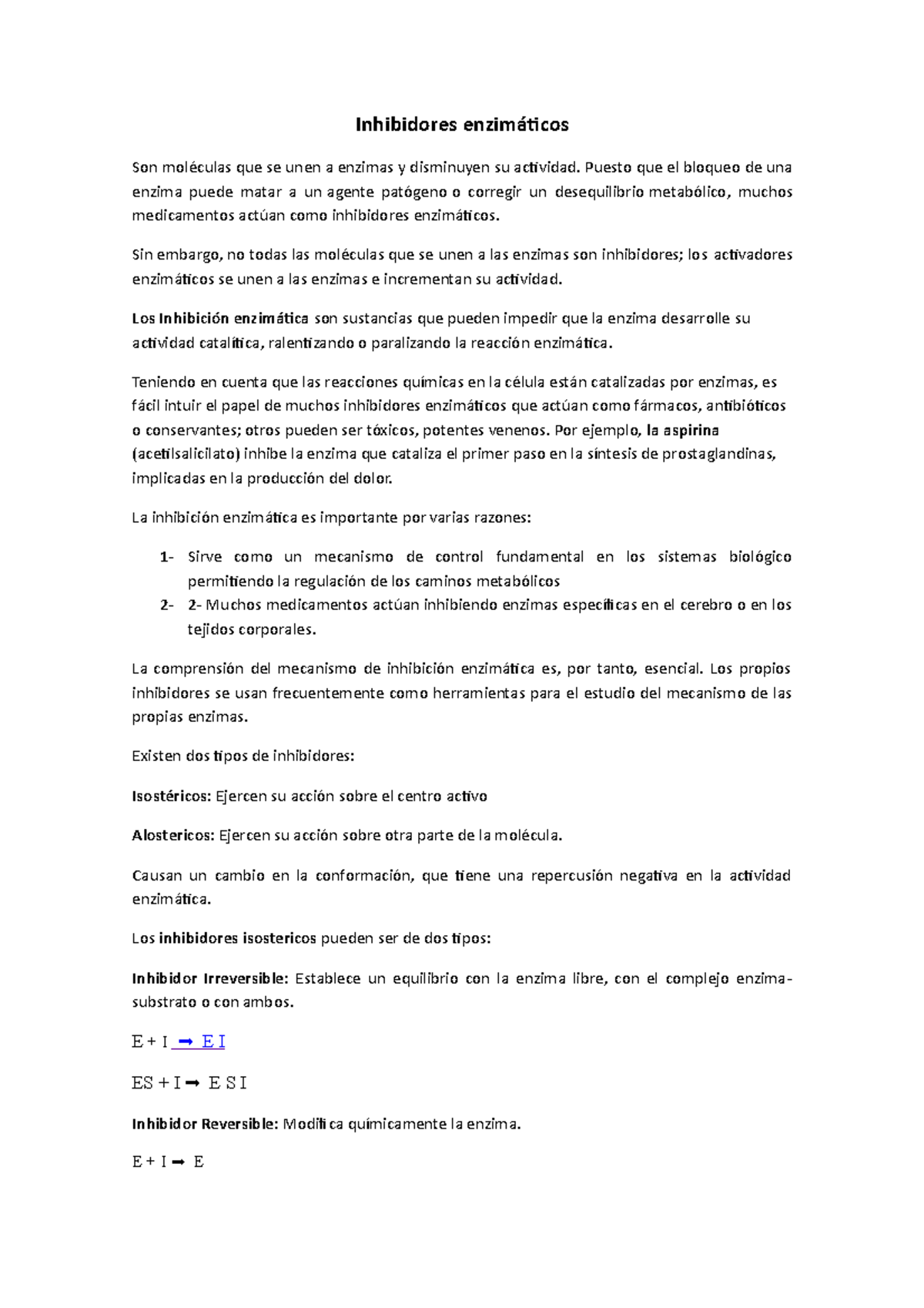 Inhibidores Enzimáticos: Mecanismos y Tipos de Inhibición - Studocu