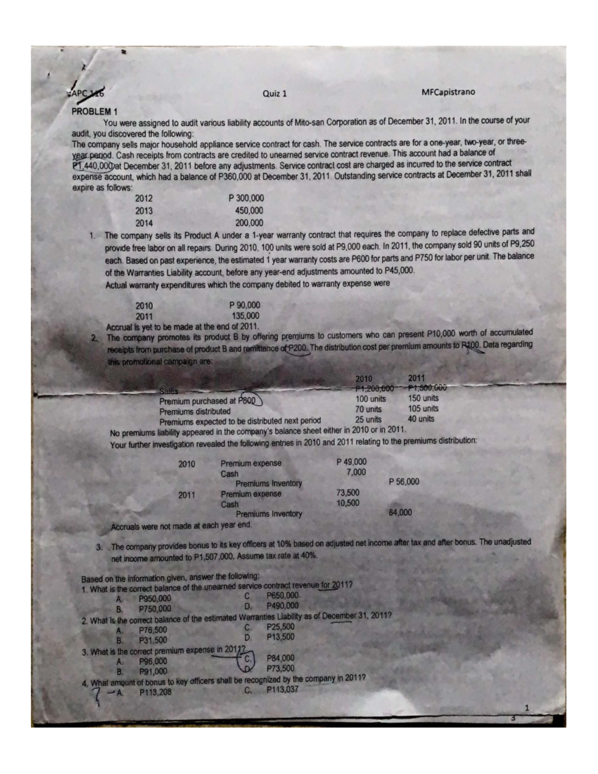 APC 116 Quiz 1: Audit Problems and Solutions - Studocu