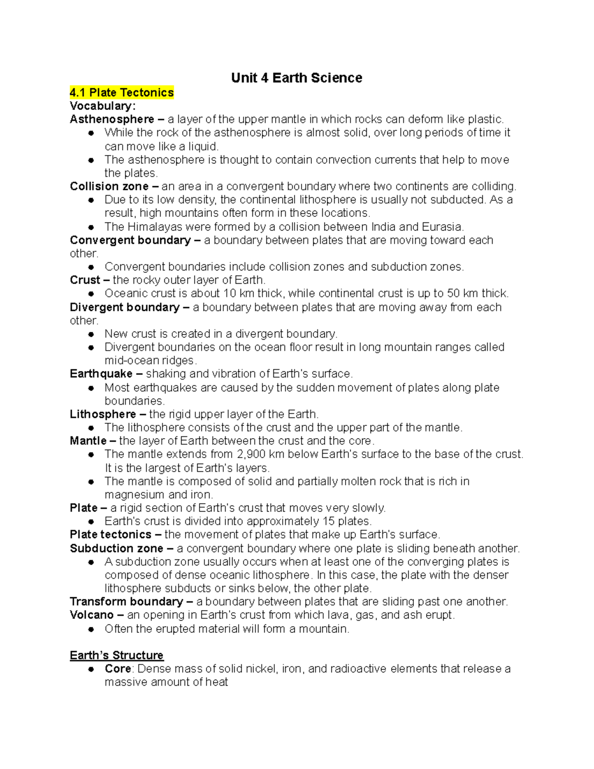 Unit 4 - Environmental Science Notes on Earth Science & Tectonics - Studocu