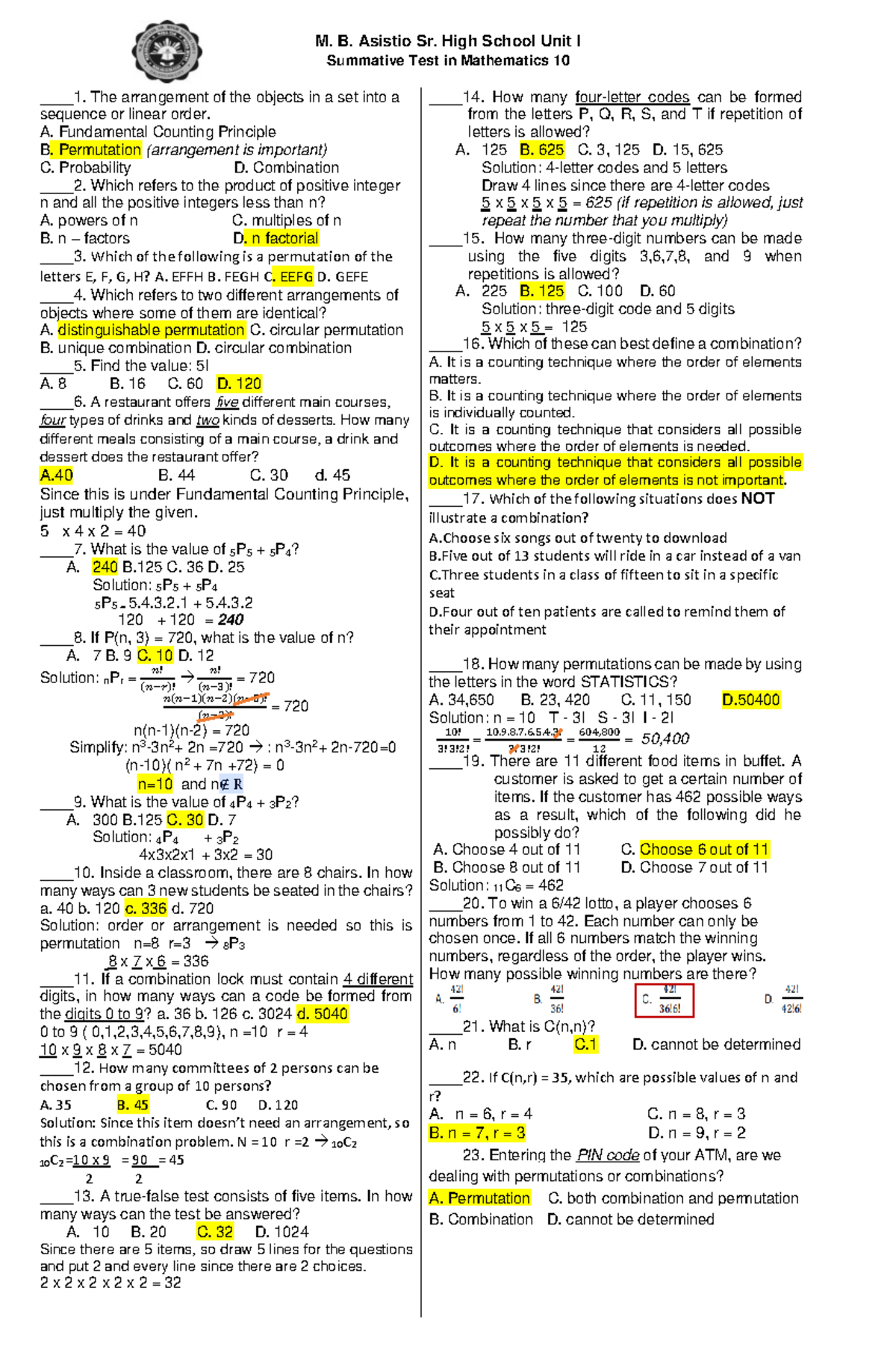 Math 10 Third Quarter Summative Test with Answer Key - Studocu