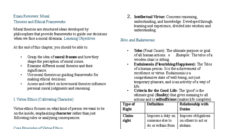 Ethics 101: Final Exam Reviewer on Moral Theories & Frameworks - Studocu